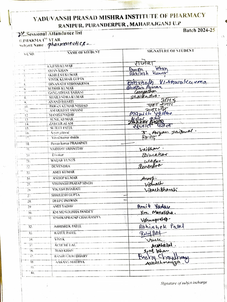 2024-25 First year internal sessional attendance sheets | PDF