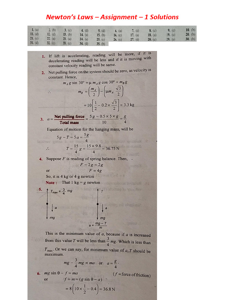 5XS. Solutions Newton's Laws Assignment - 1 | PDF