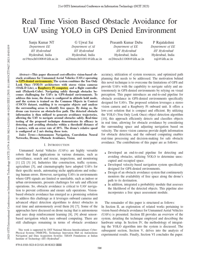 Real Time Vision Based Obstacle Avoidance For UAV Using YOLO in GPS Denied Environment | PDF ...