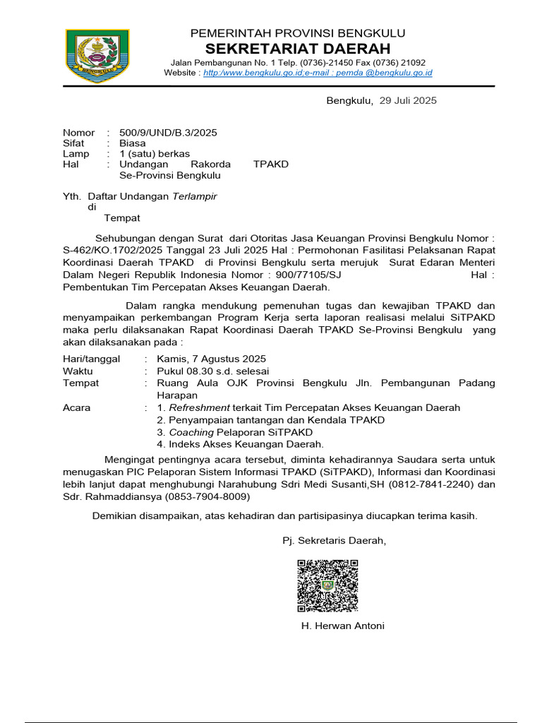Undangan Rakorda TPAKD Bengkulu 2025 | PDF