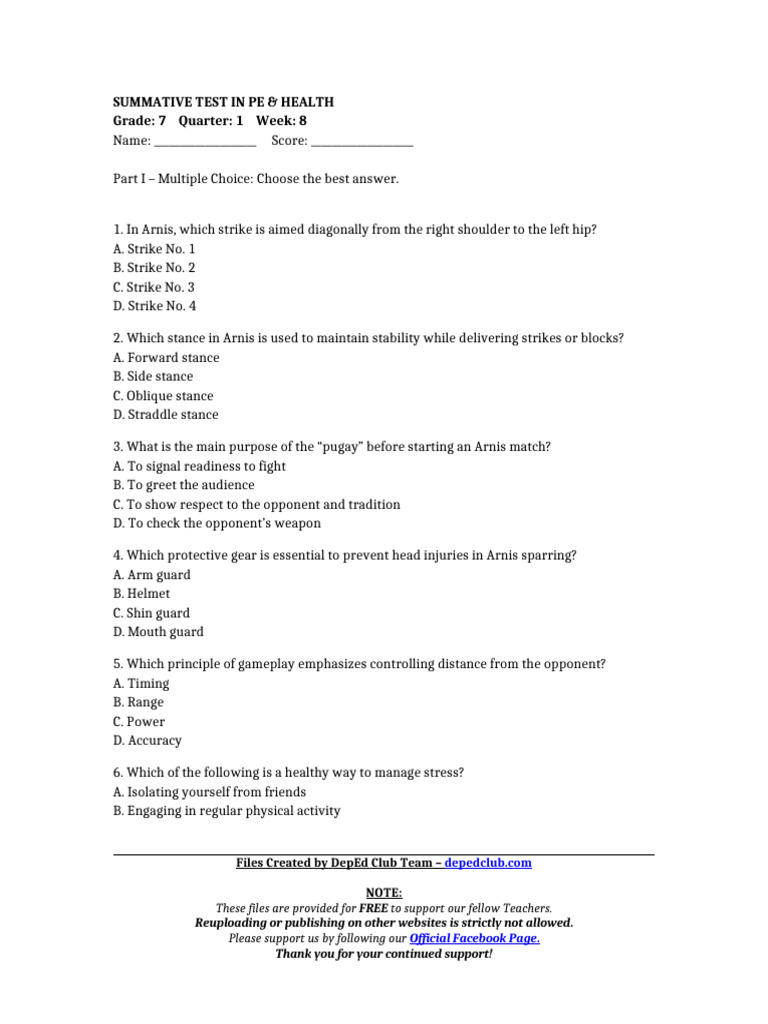Grade 7 PE & Health Summative Test | PDF | Mental Health | Psychology