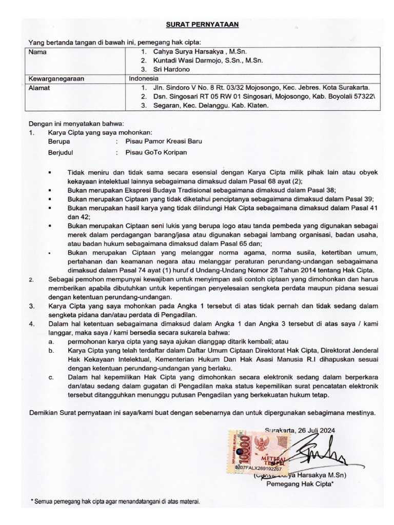 Contoh Pengajuan Surat pernyataan HAKI PISAU | PDF