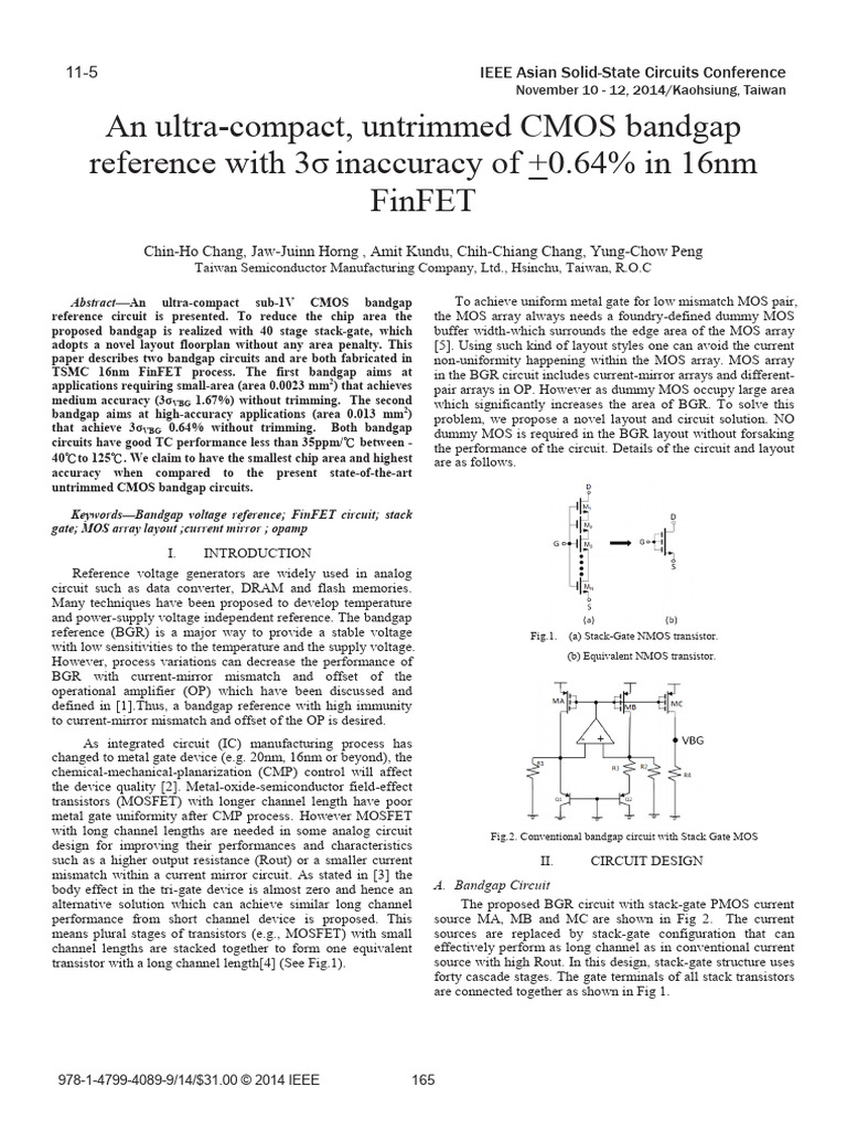ASSCC 2014 TSMC Bandgap 11-5 An Ultra-Compact, Untrimmed CMOS Bandgap | PDF | Mosfet | Field ...