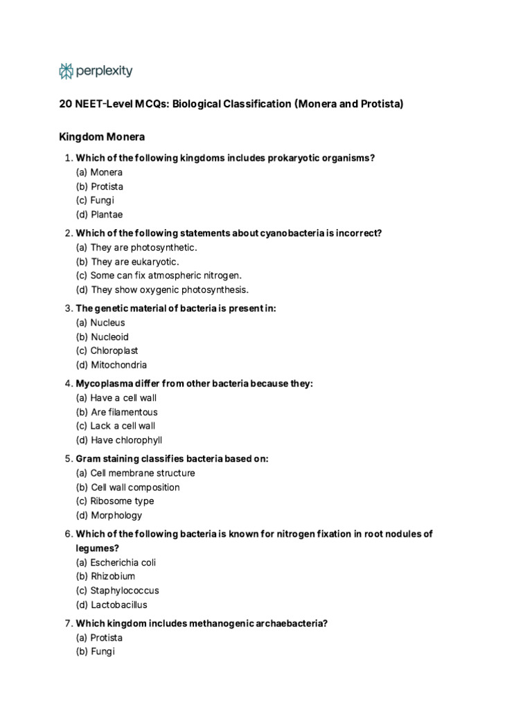 20 NEET-Level MCQs - Biological Classification (Mon | PDF | Bacteria ...