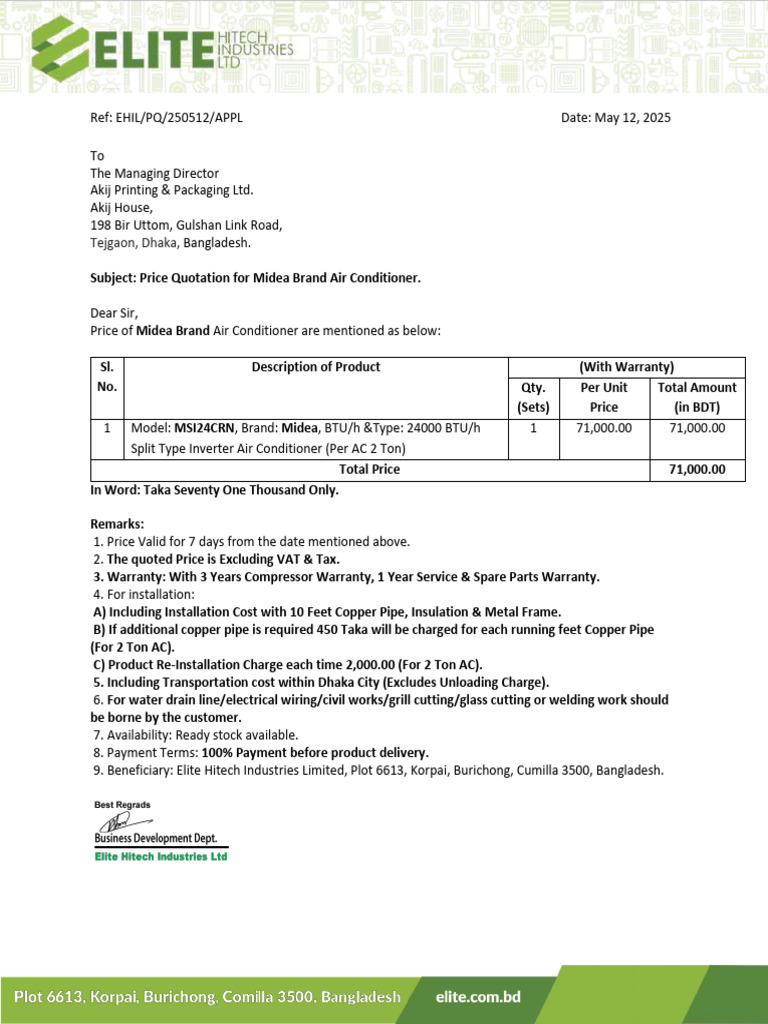 Price Quotation For Midea Brand Air Conditioner | PDF