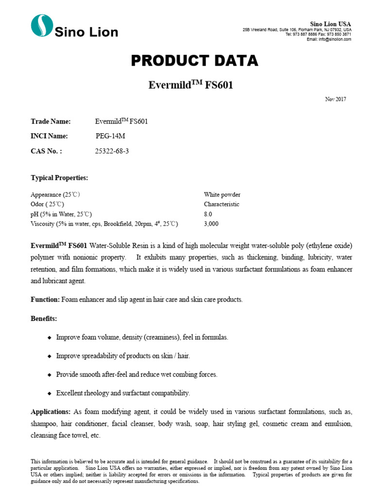Evermild FS601 Product Data Sheet | PDF | Cosmetics | Surfactant
