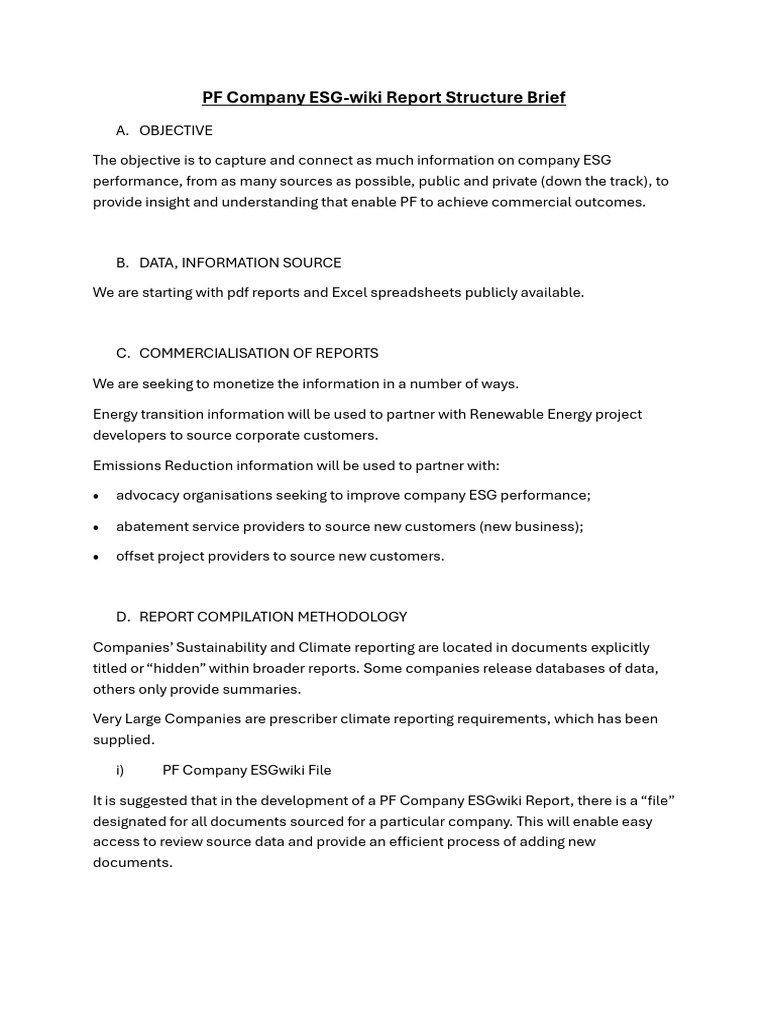 PF Company ESG Wiki Report Structure Brief | PDF | Sustainability ...