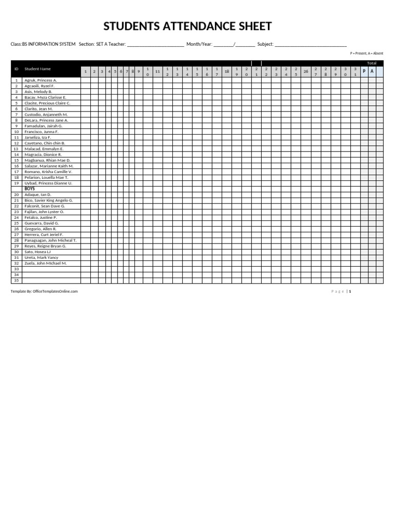 Student Attendance Sheet Template | PDF