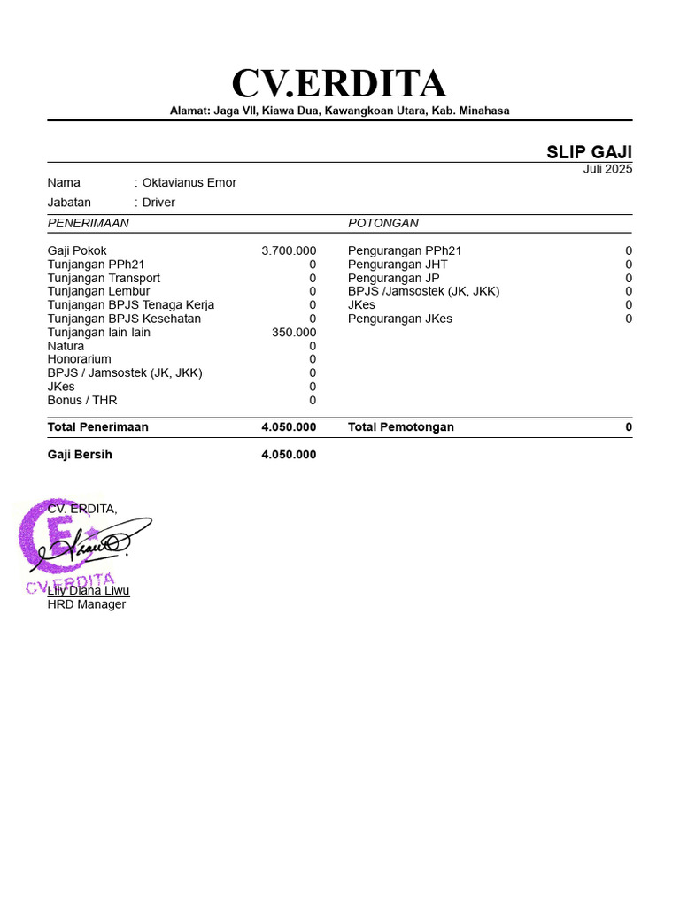 Slip Gaji Karyawan CV. Erdita Juli 2025 | PDF