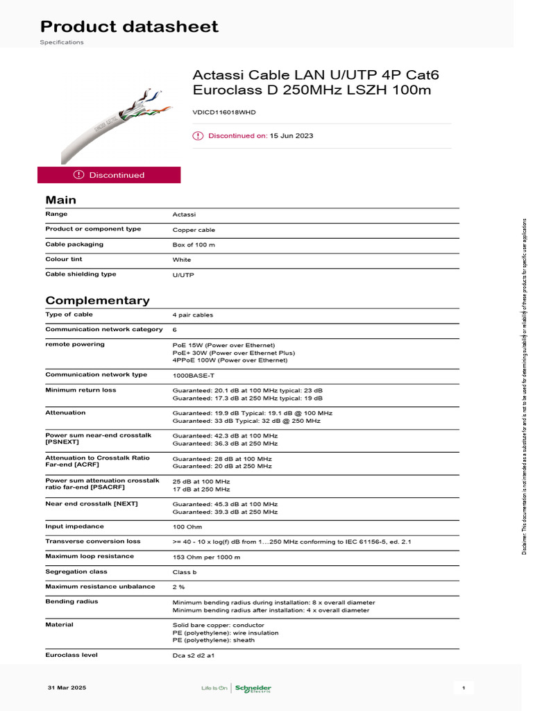 Actassi Cat6 U/UTP Cable Specifications | PDF | Decibel | Polyethylene