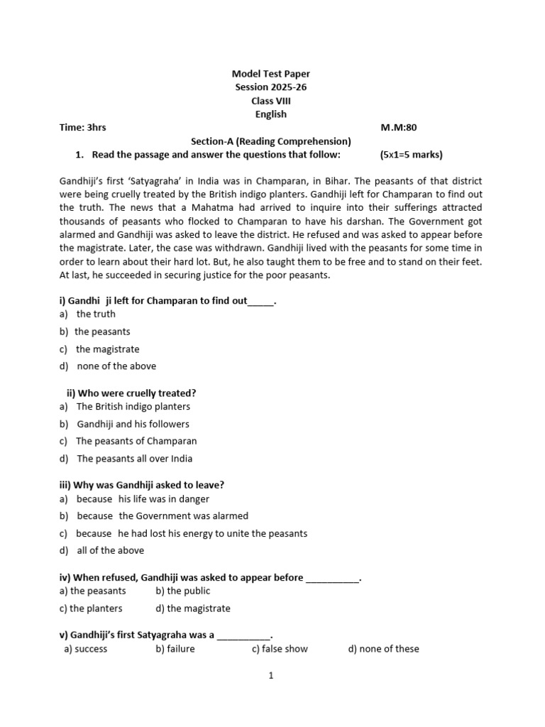 Class 8 English Model Paper 2025-26 | PDF | Verb | Mahatma Gandhi