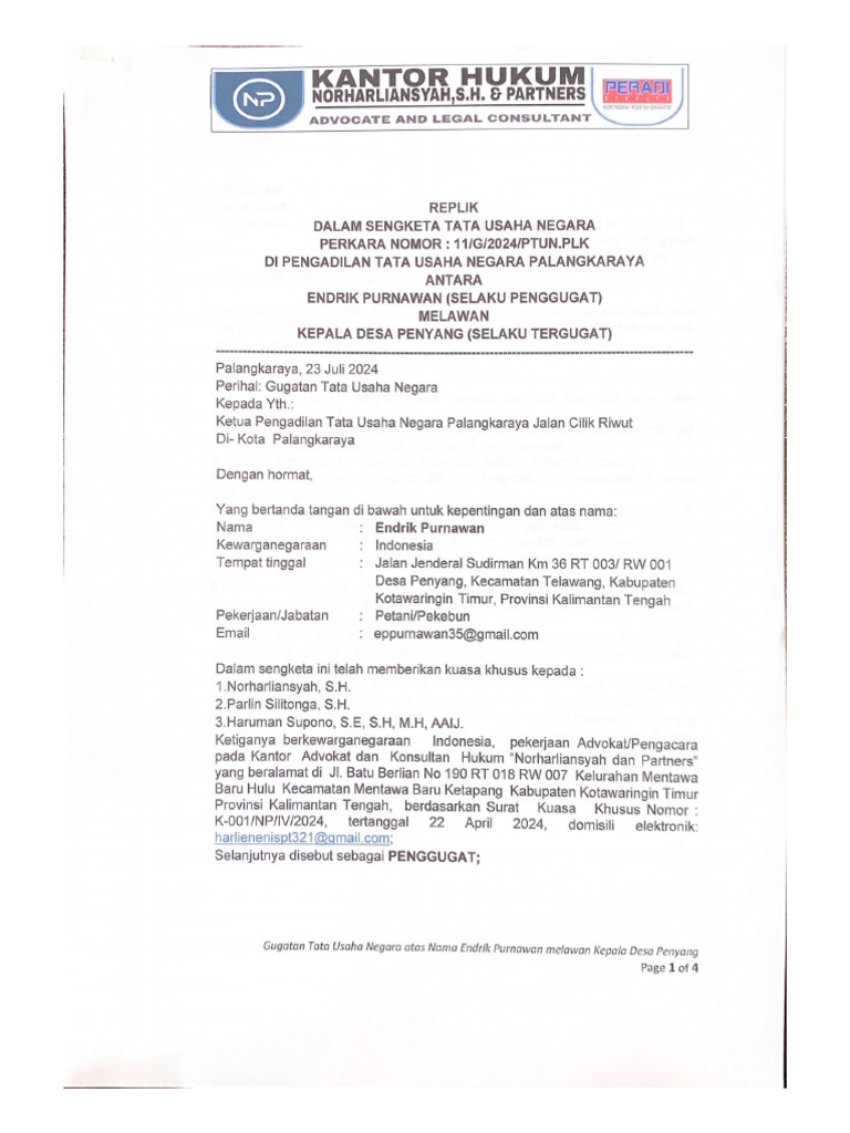 Replik Perkara 11G2024PTUN - PLK | PDF