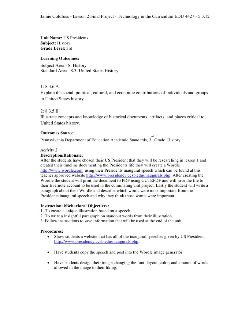 Unit Name: US Presidents Subject: History Grade Level: 3rd Learning ...