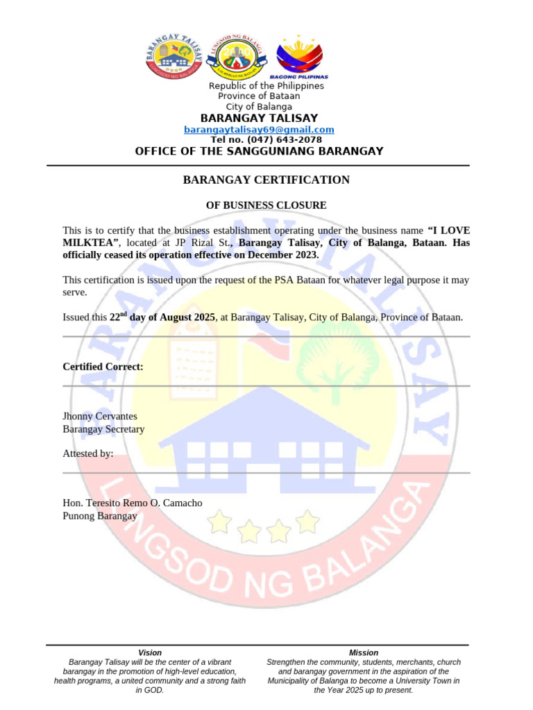 Barangay Certification of Business Closure | PDF