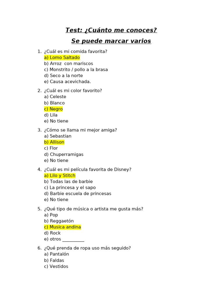 Test Cuanto Me Conoces | PDF