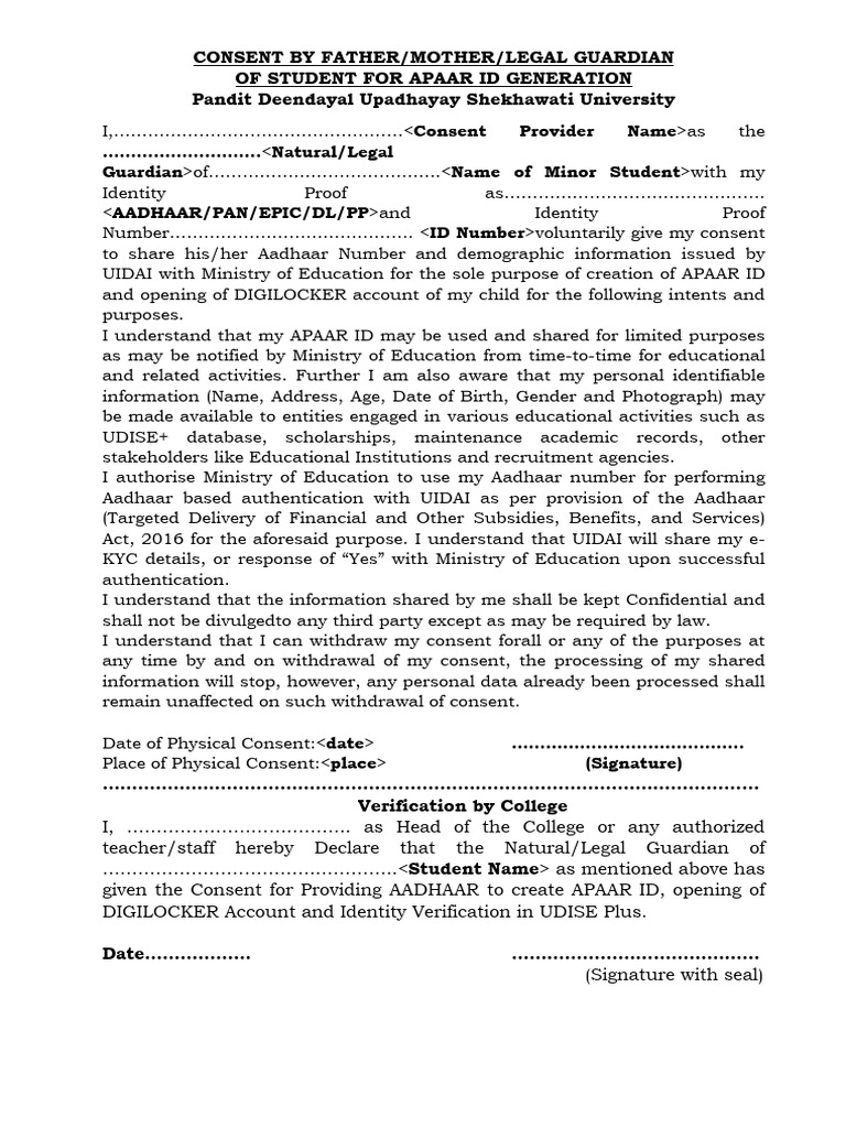 Consent Form APAAR | PDF | Privacy | Authentication
