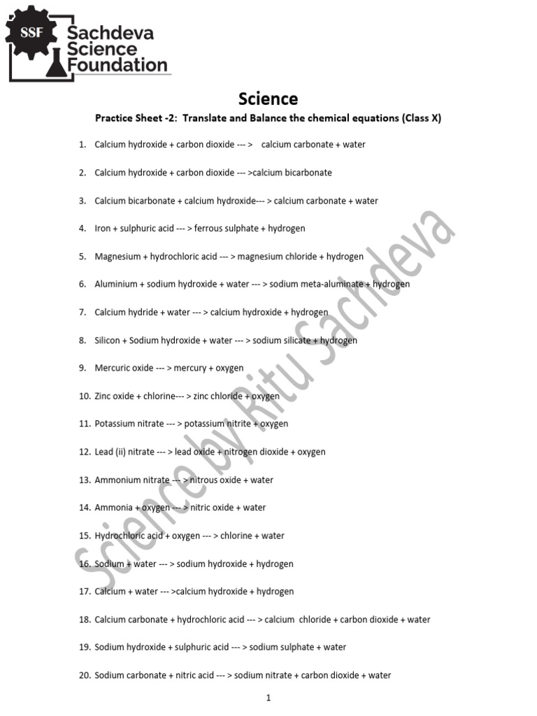 Chemical Equations Practice Sheets | PDF | Oxide | Acid