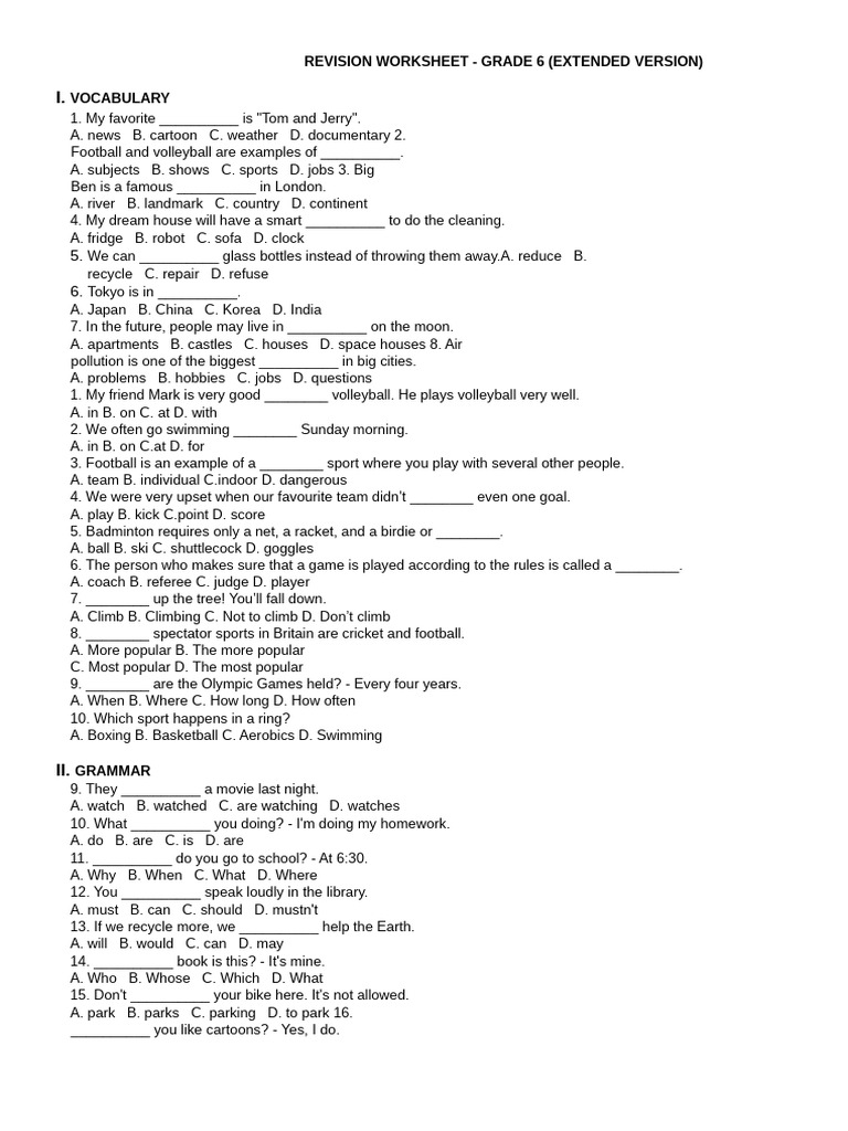 Grade 6 Revision Worksheet: Vocabulary & Grammar | PDF | Tokyo | Sports