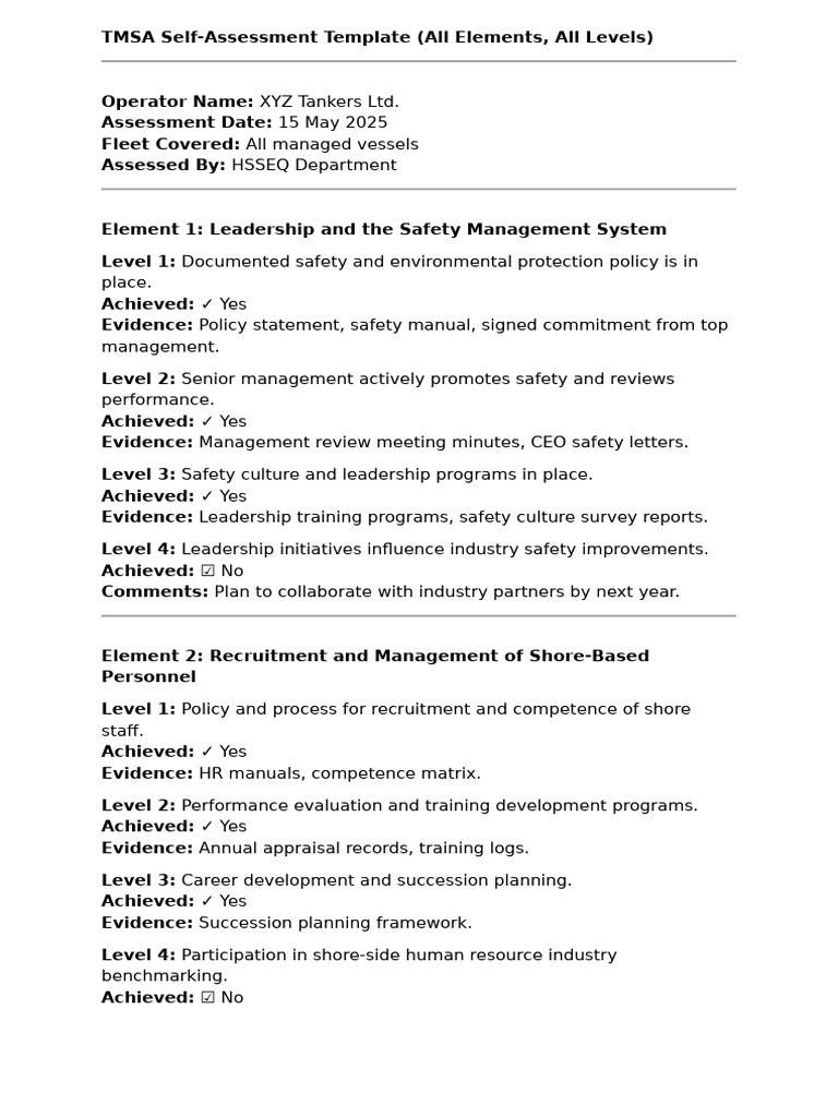 TMSA Levels Element Wise | PDF | Safety | Policy