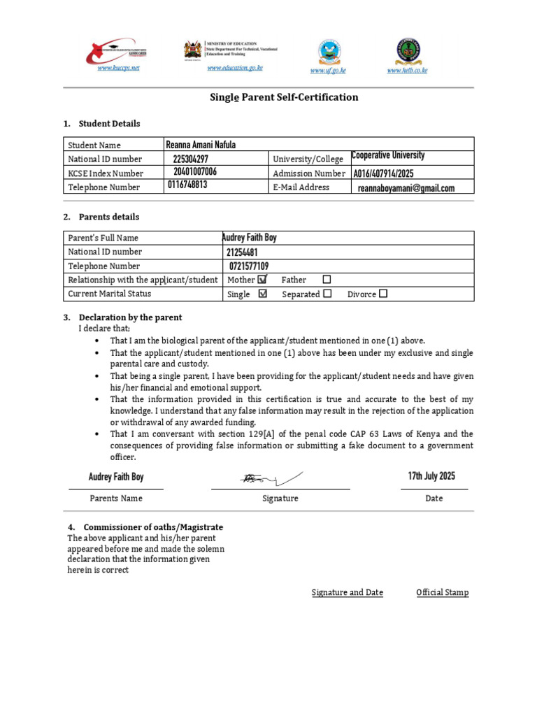 Single Parent Self Certification | PDF