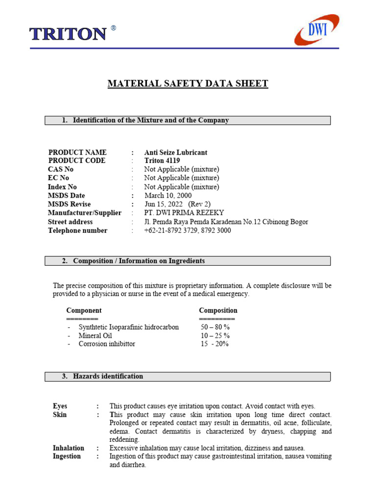Anti Seize Lubricant Safety Data Sheet | PDF | Personal Protective ...