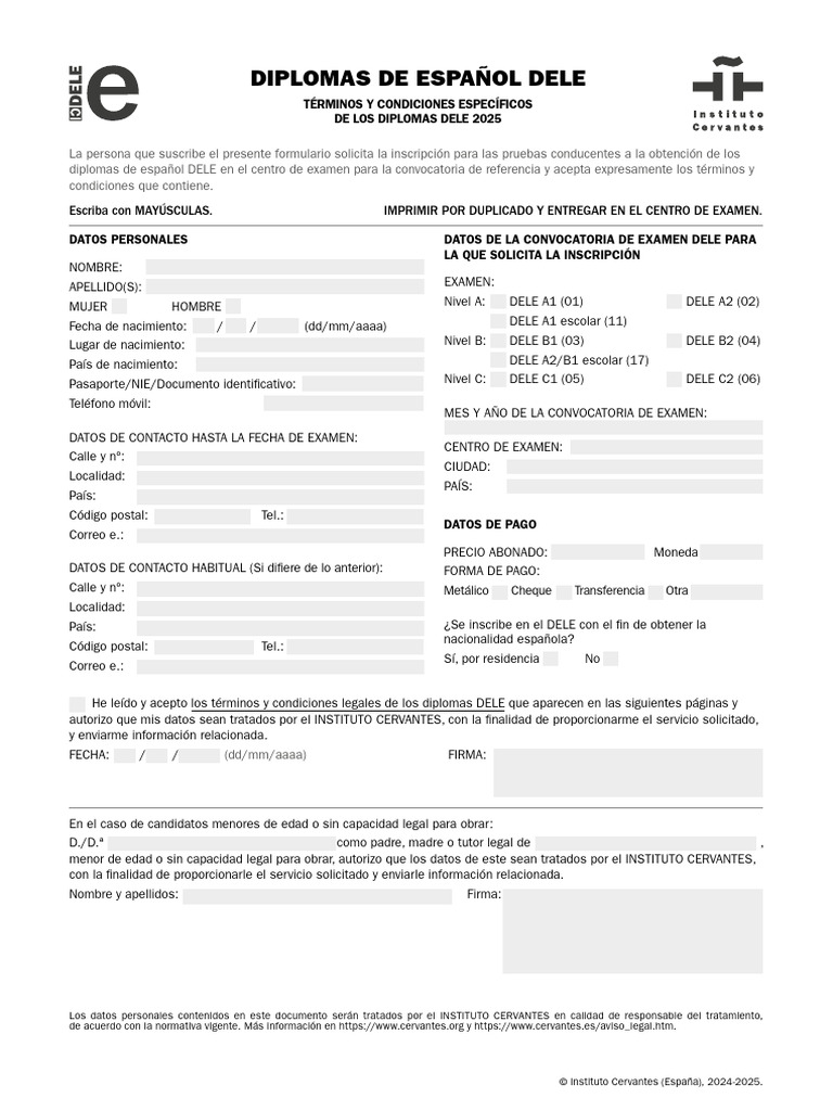 Formulario Inscripcion DELE 2025 1 | PDF