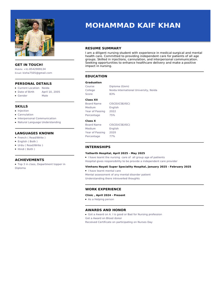 MOHAMMAD KAIF KHAN Resume | PDF | Nursing | Health Sciences