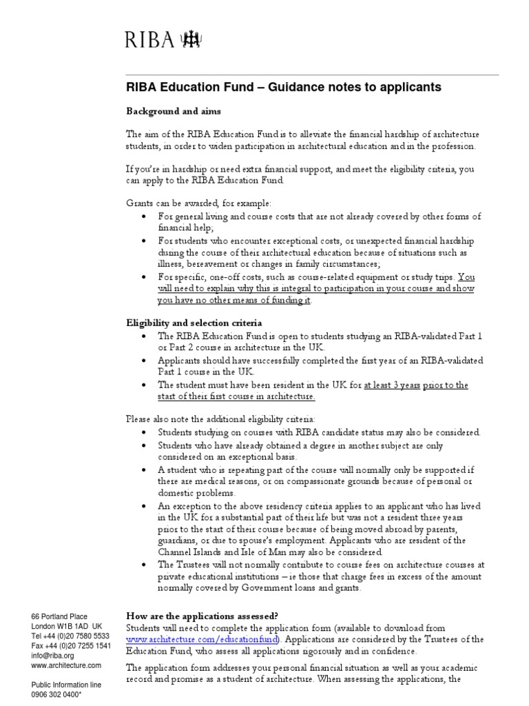 RIBA Education Fund - Guidance Notes To Applicants: Background and Aims ...