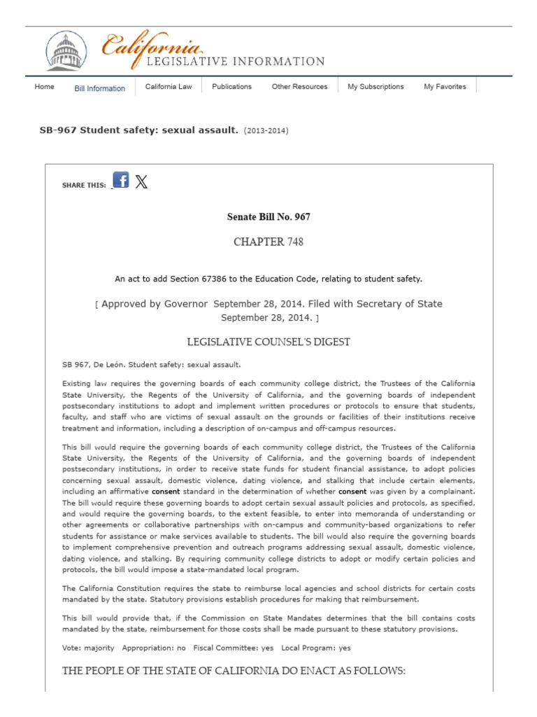California Affirmative Consent Law Bill Text - SB-967 Student Safety - Sexual Assault | PDF ...