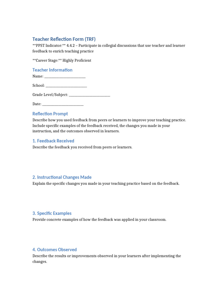 PPST 4.4.2 Teacher Reflection Form | PDF