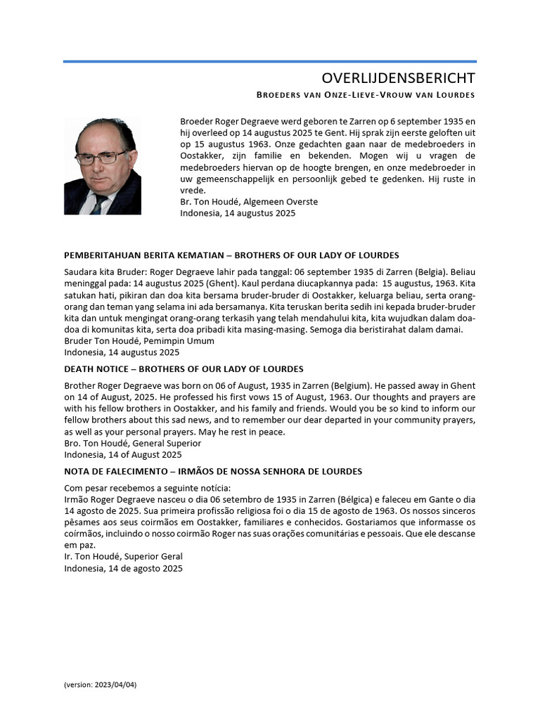 Death Notice for Brother Roger Degraeve | PDF