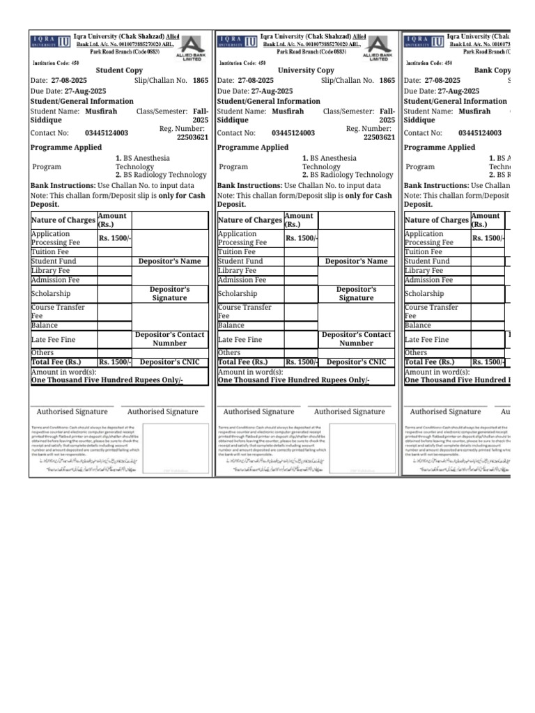 Iqra Univeristy, Islamabad, Islamabad Campus ... - Admissions Portal - Personal Info | PDF | Fee ...