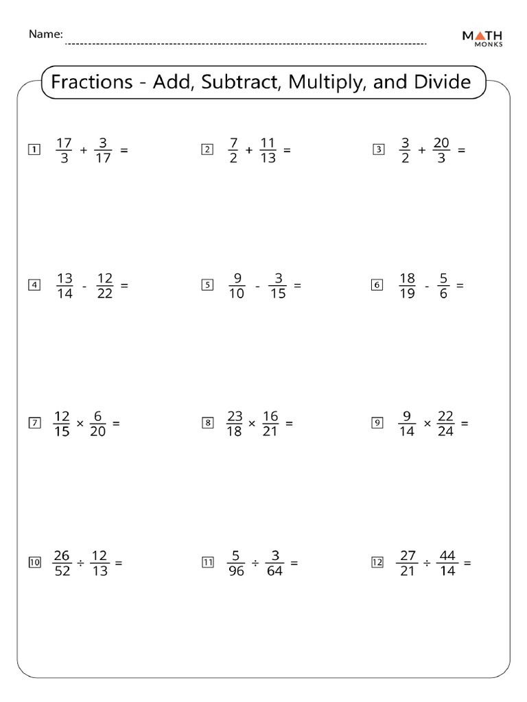 Add Subtract Multiply Divide Fractions Worksheet Trang | PDF
