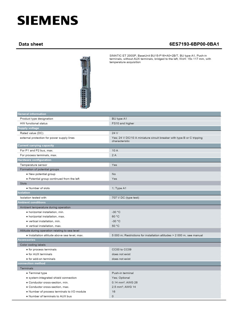 SIMATIC ET 200SP Base Unit Datasheet | PDF | Electromagnetism ...