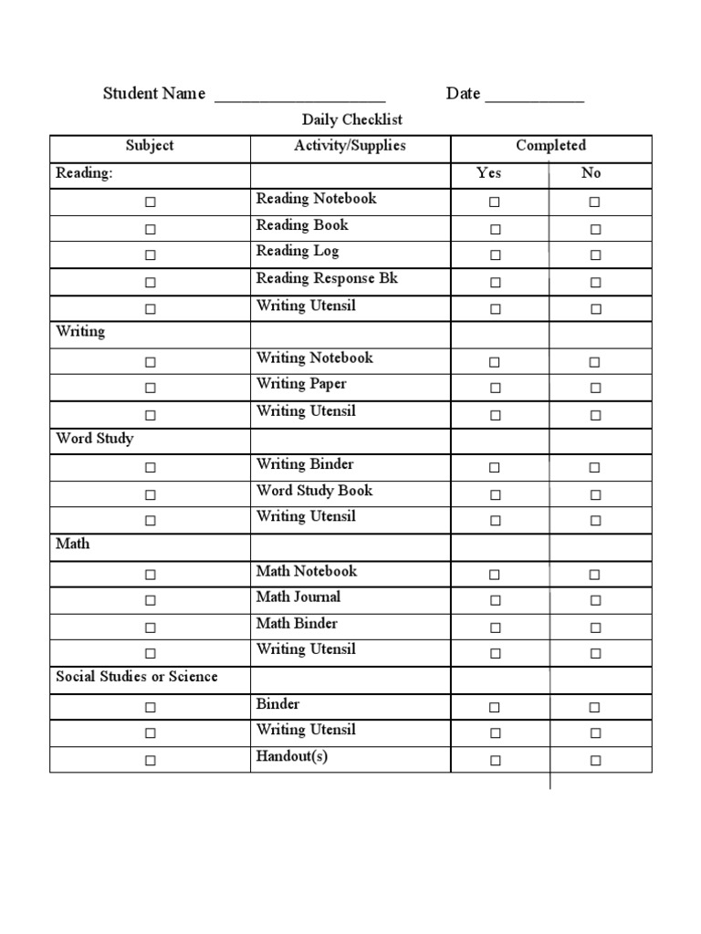 Student Daily Organization Checklist | PDF | Teachers | Books