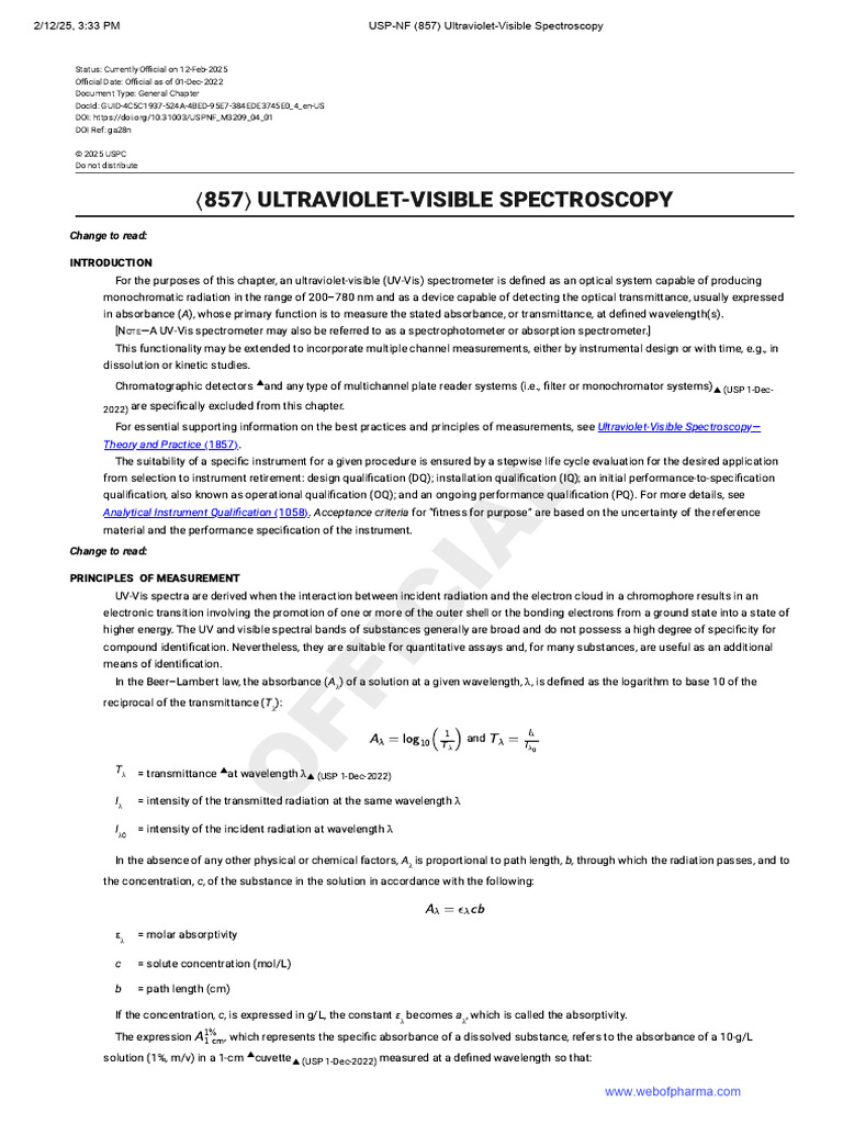 USP UV-Visible Spectroscopy Guide | PDF | Ultraviolet–Visible ...