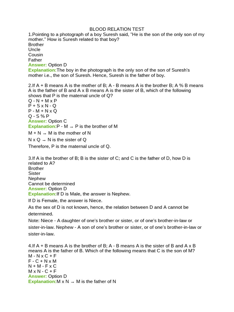 Blood Relation Test Solutions | PDF