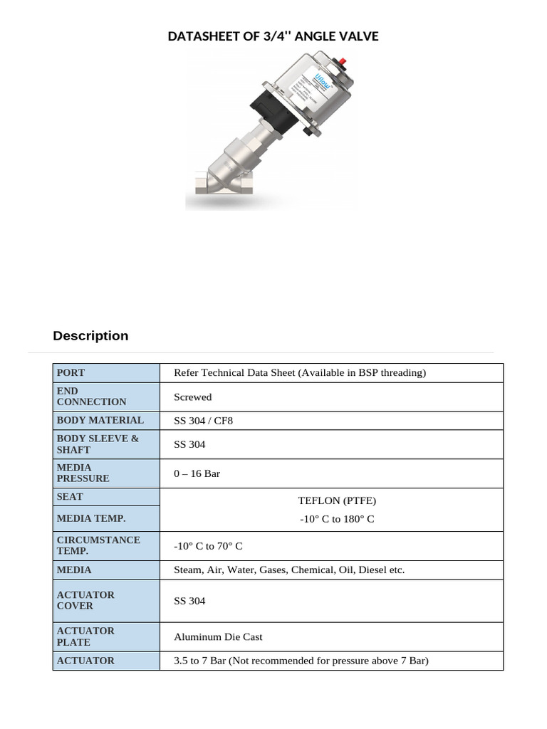 3/4" Angle Valve Specifications | PDF