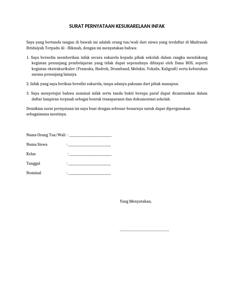 Surat Pernyataan Dan Daftar Infak | PDF