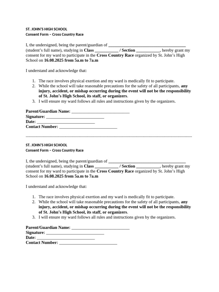 St. John's High School Cross Country Consent Form | PDF