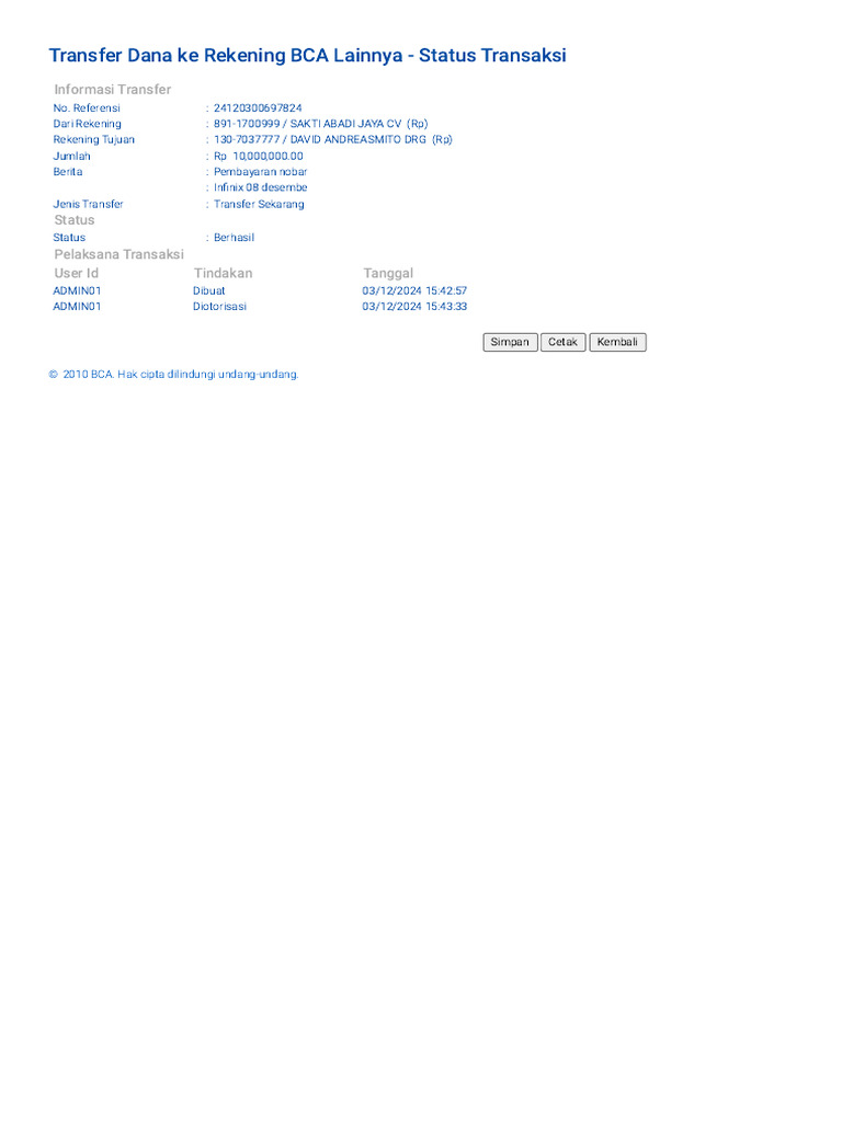Status Transfer Dana BCA Berhasil | PDF