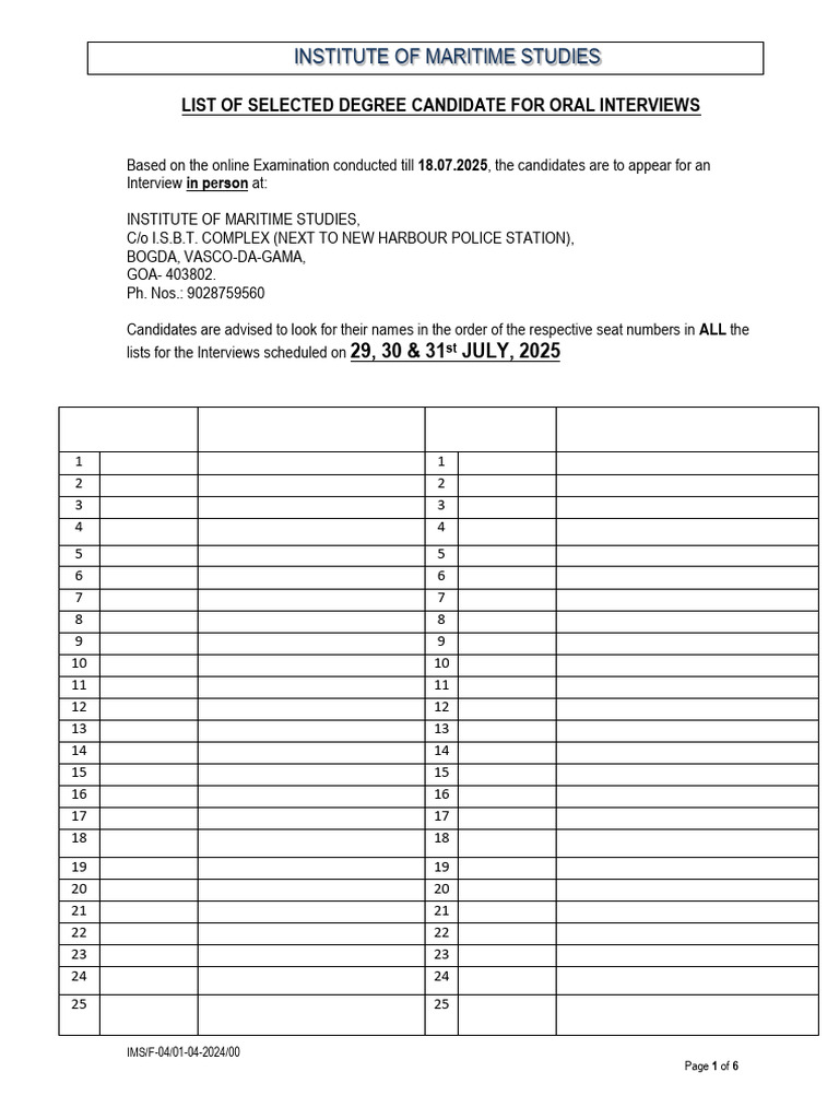 Maritime Studies Interview Candidates List | PDF