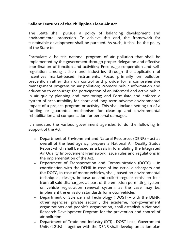 Salient Features of The Philippine Clean Air Act | PDF | Air Pollution ...