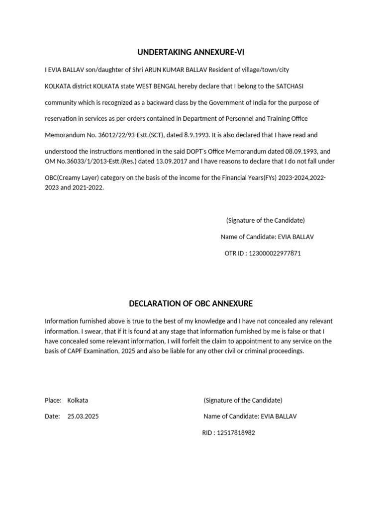 Satchasi Community OBC Declaration | PDF