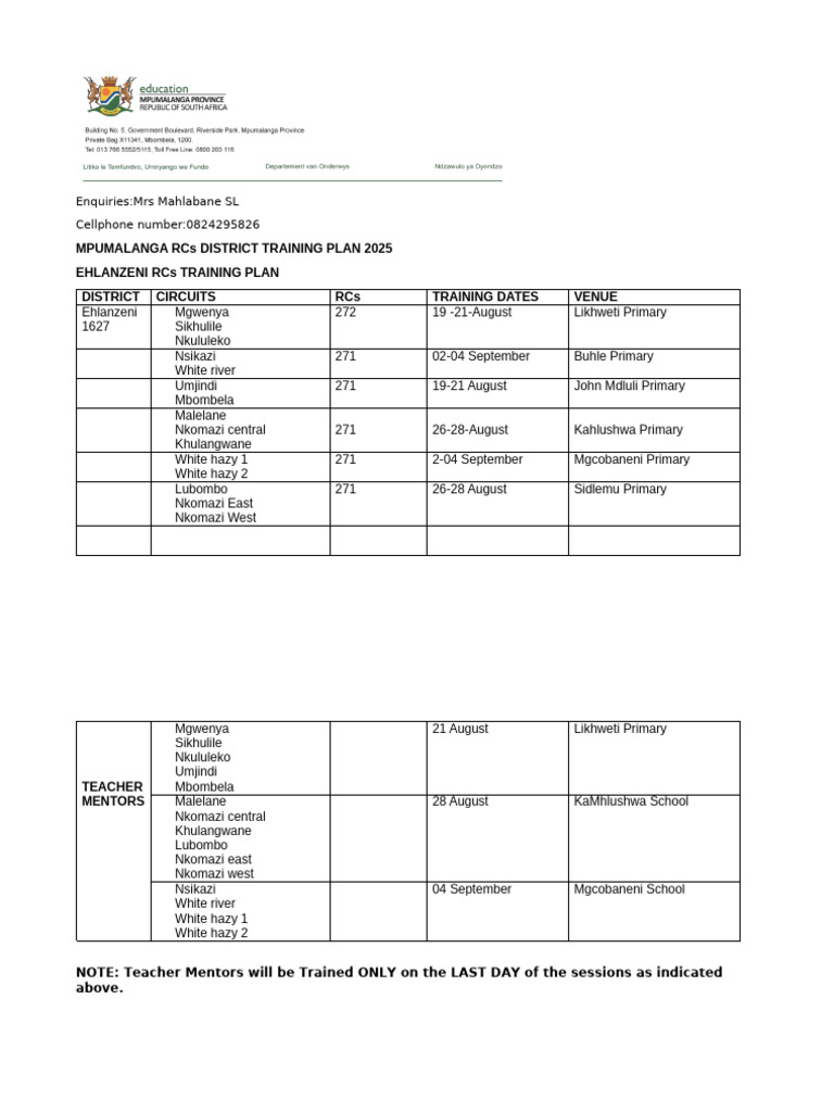 MP Provincial Aug Rcs Training Plan | PDF
