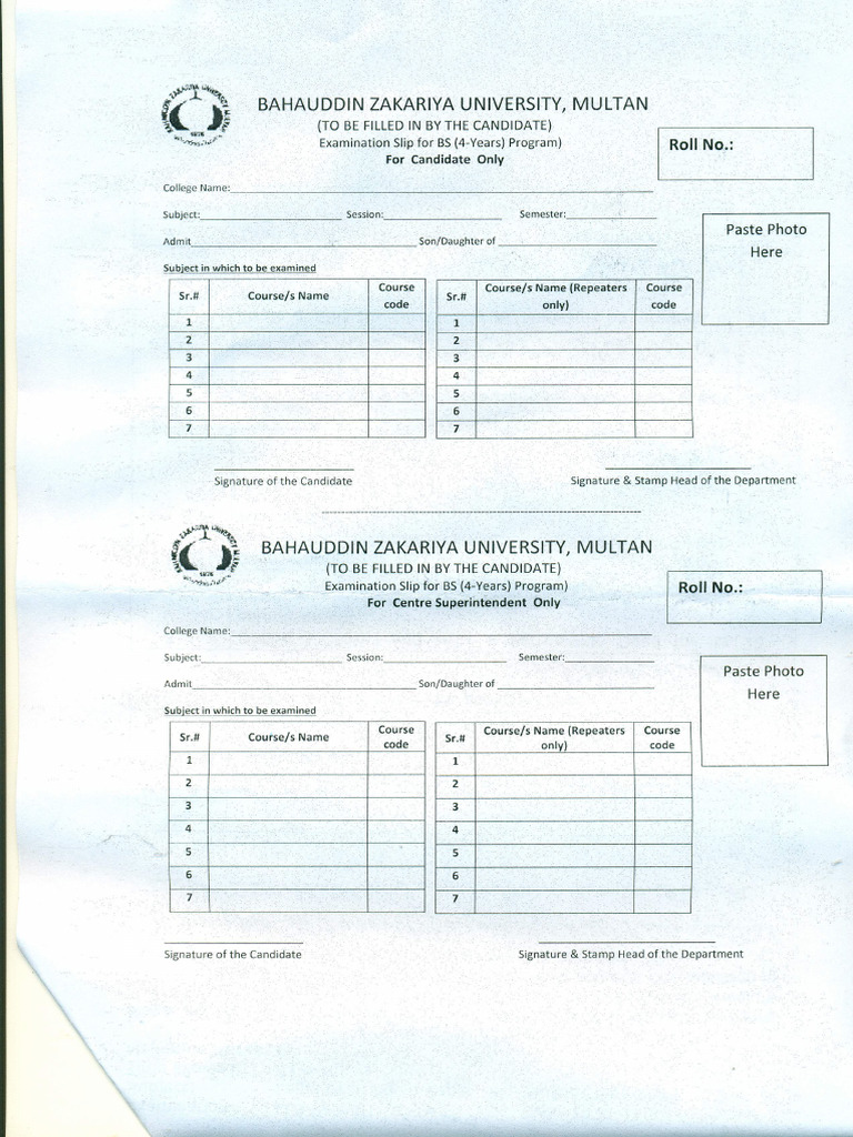 BS Examination Slip | PDF
