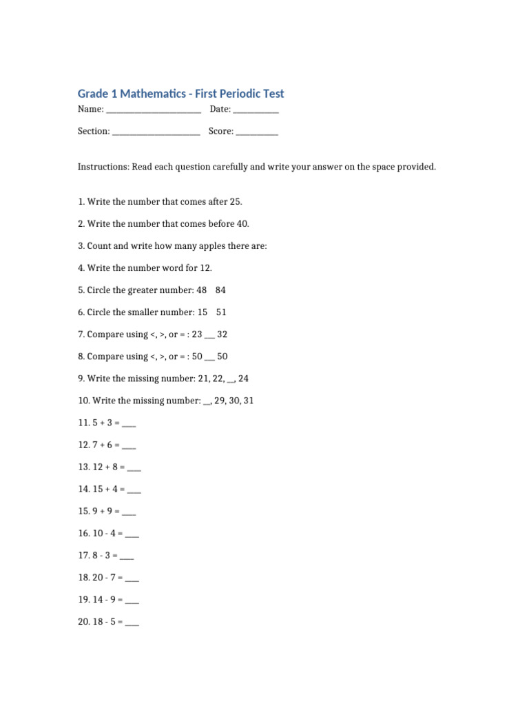 Grade1 Math 1st Periodic Test | PDF
