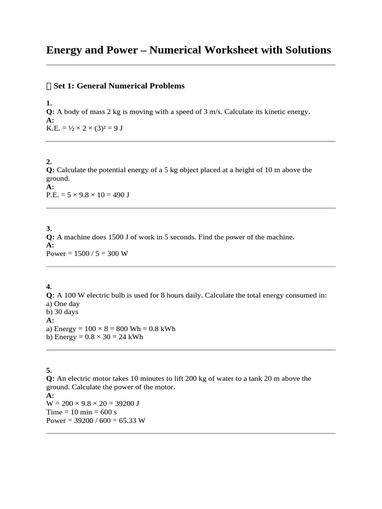 Class 8 Energy and Power Numericals | PDF | Watt | Mechanical Engineering