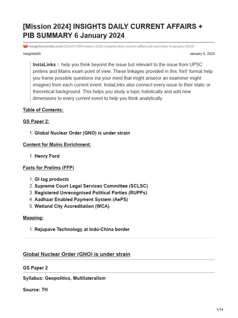 Mission 2024 Insights Daily Current Affairs Pib Summary 6 January 2024 ...