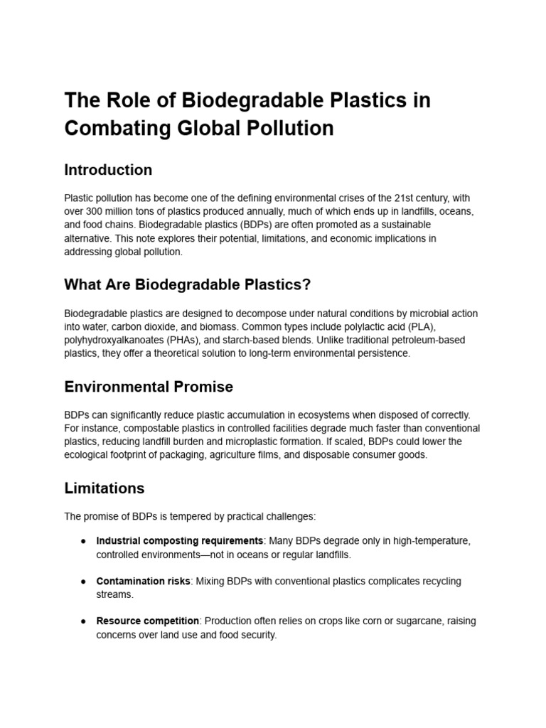 The Role of Biodegradable Plastics in Combating Global Pollution | PDF